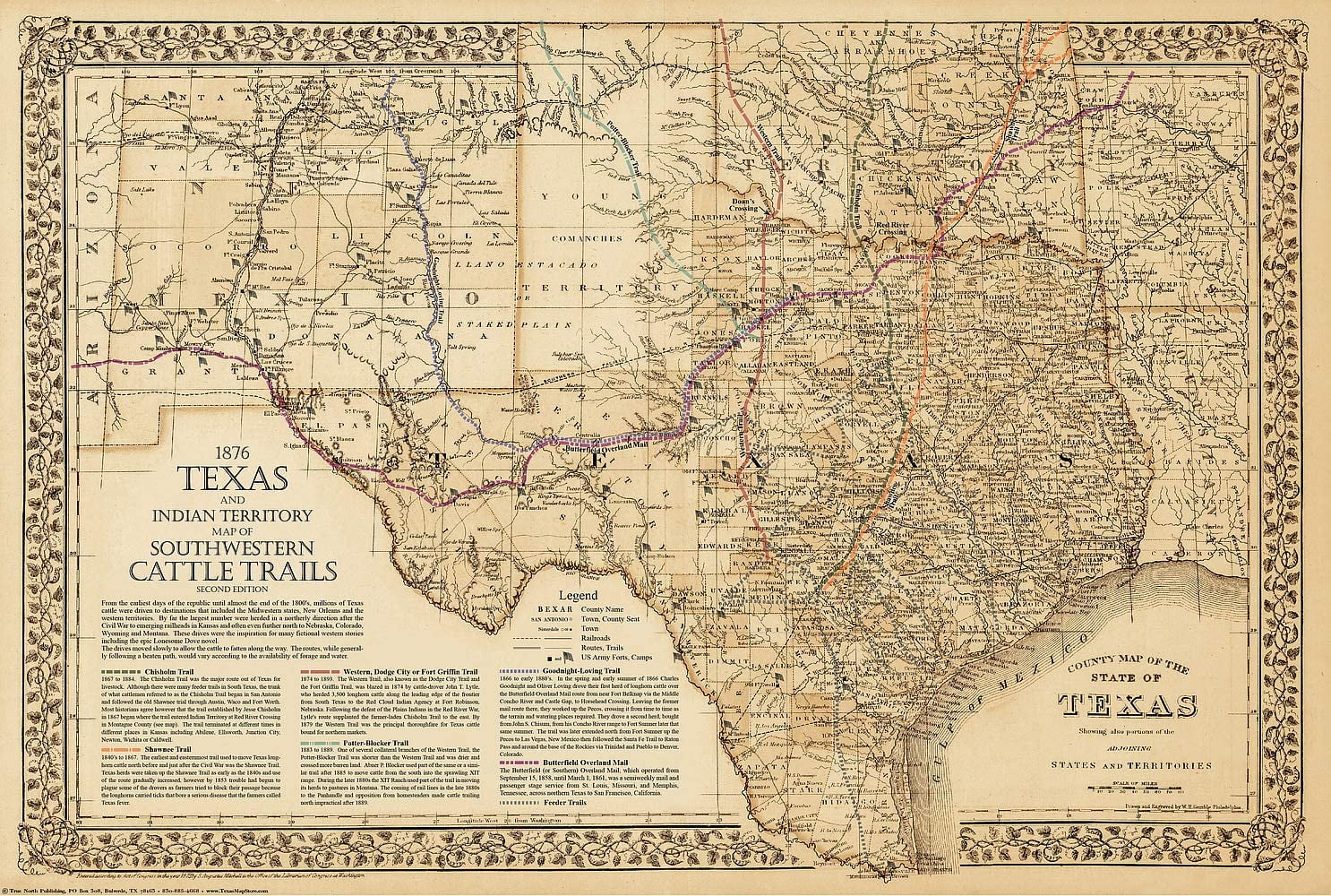 1876 Great Texas & Southwestern Cattle Trails Map 2nd Ed. - Walmart.com