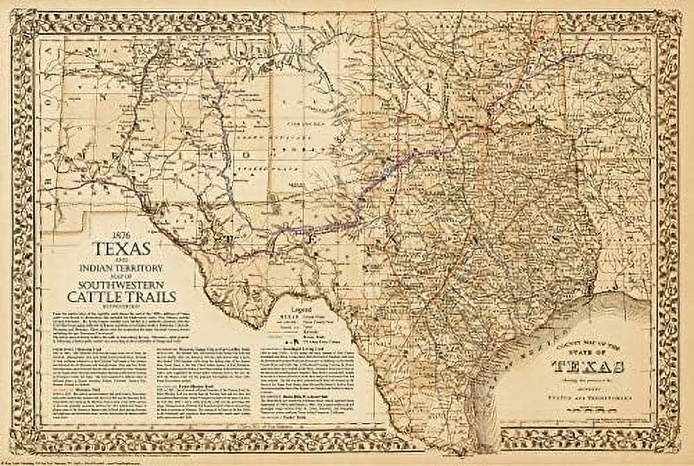 1876 Great Texas & Southwestern Cattle Trails Map 2nd Ed. - Walmart.com