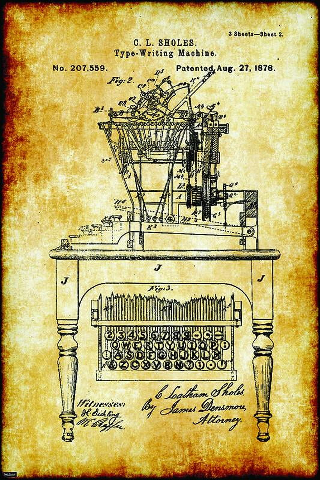 1878 QWERTY Type-Writing Machine Patent Technical Drawing Schematic ...