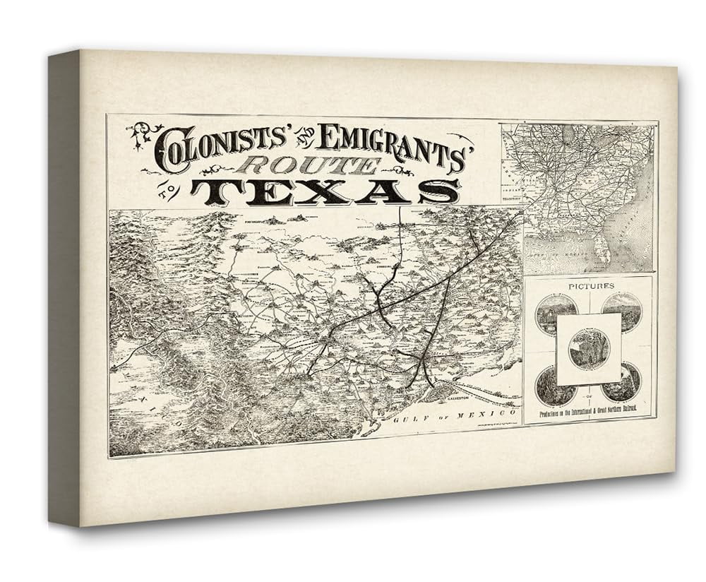 1878 Texas Colonists & Emigrants Route - Vintage Texas Map 16x20 Canvas ...