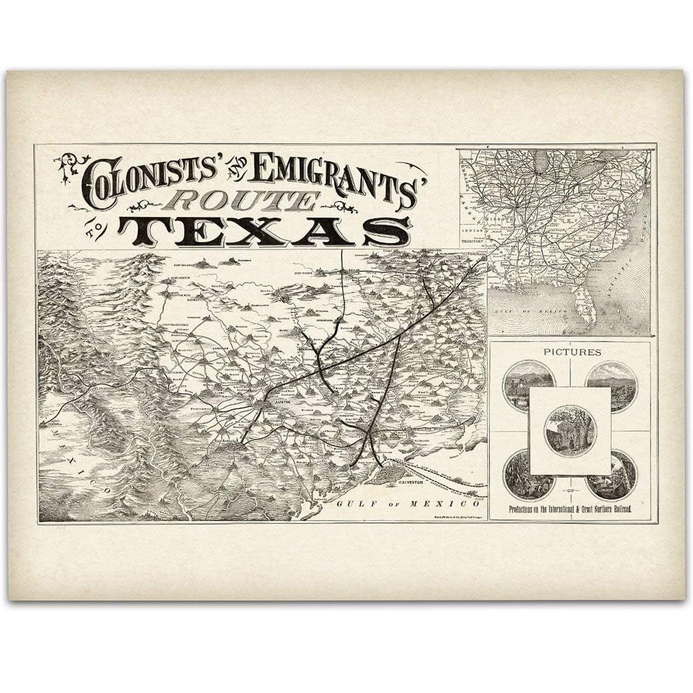 1878 Texas Colonists & Emigrants Route-Vintage Texas Map 18x24 Unframed ...