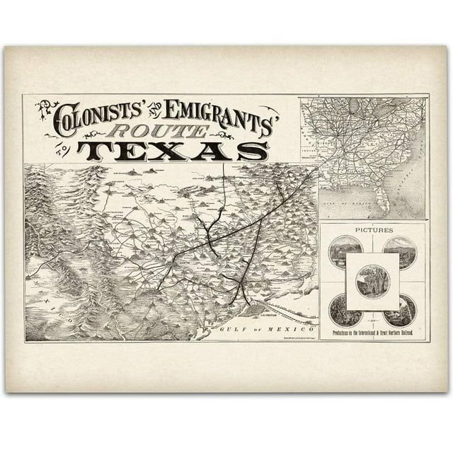 1878 Texas Colonists & Emigrants Route-Vintage Texas Map 18x24 Unframed ...