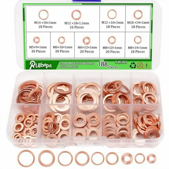 188 PCS Copper Crush Washer Metric Flat Washers Assortment Kit Sealing ...