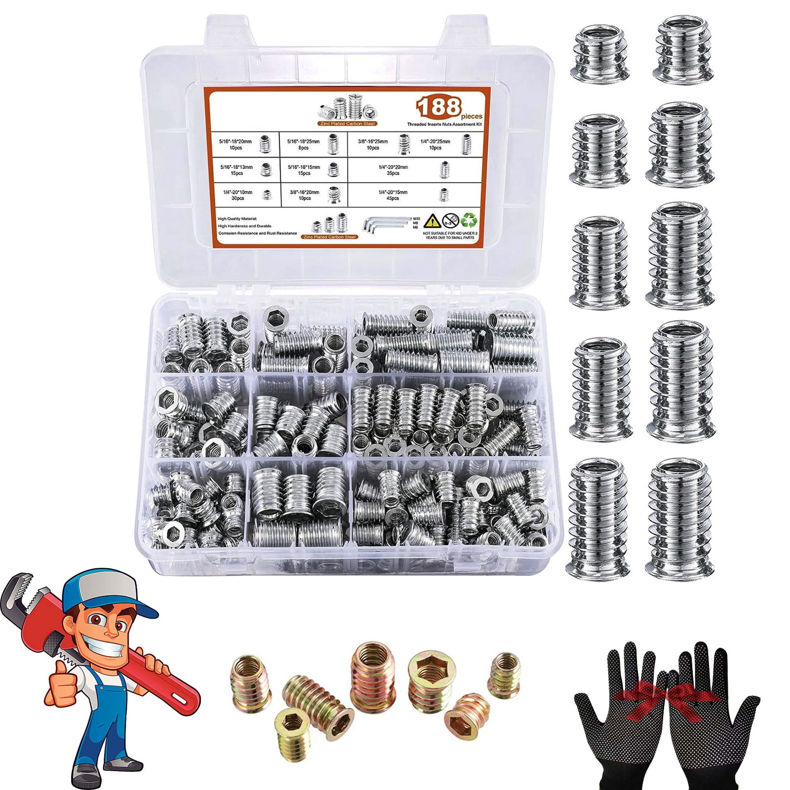 188 PCS Hexagon Socket Nuts Set,1/4-20 Drive Threaded Screw Insert Assortment Kit for Wood ...
