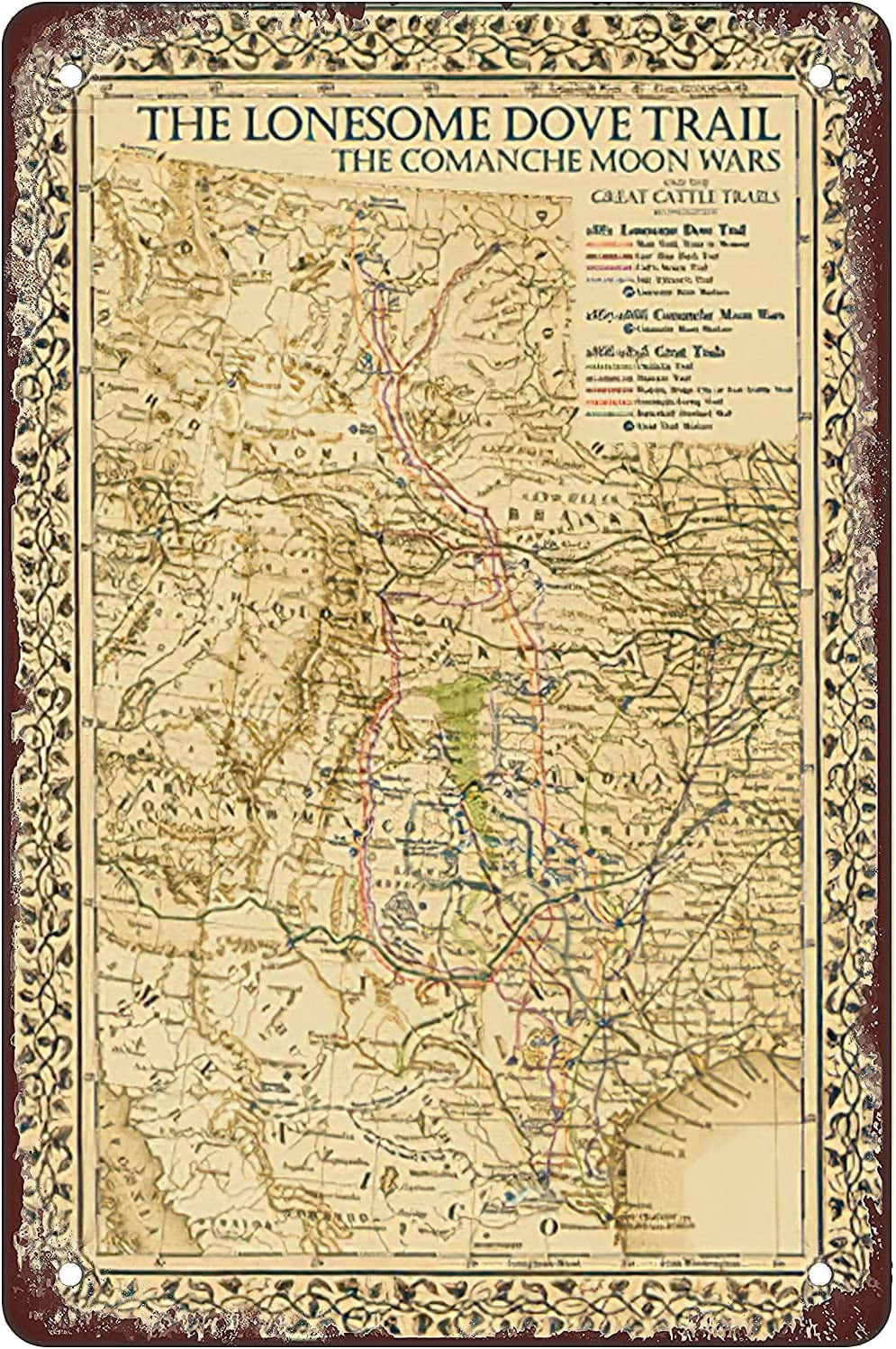 1881 Lonesome Dove & Great Cattle Trails Map Metal Tin Sign Wall Decor ...