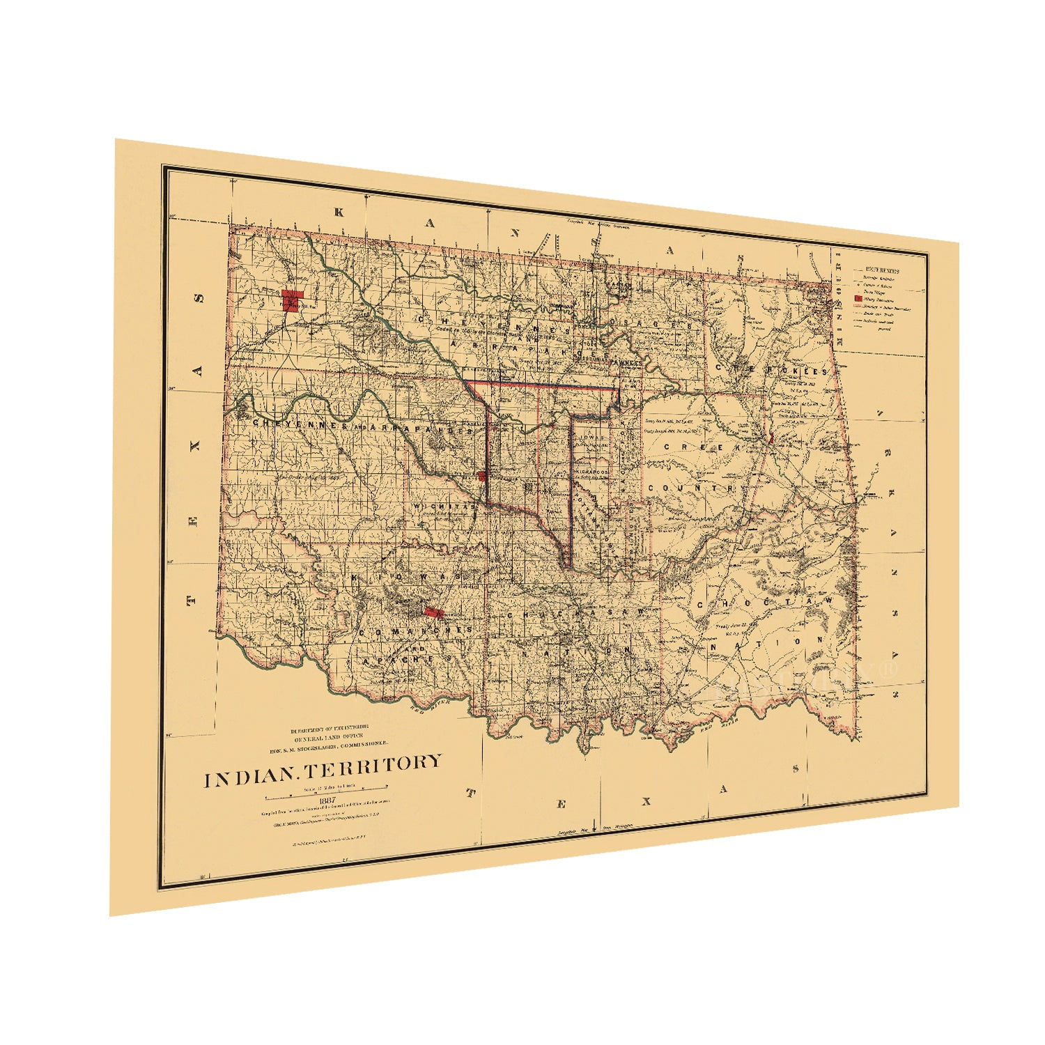 1887 Indian Territory Oklahoma Map - Vintage Map of Oklahoma Wall Art ...