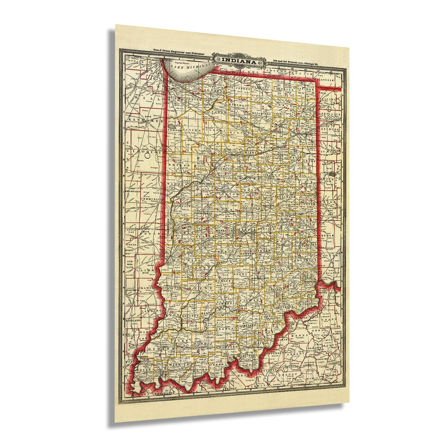 1888 Indiana State Map - Vintage Map of Indiana Wall Art - Vintage ...
