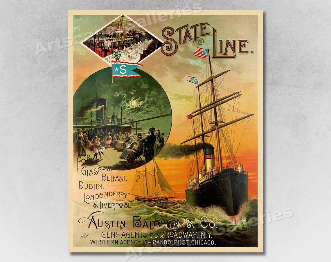 1889 State Line Steamship Vintage Style Travel, Unframed Poster ...