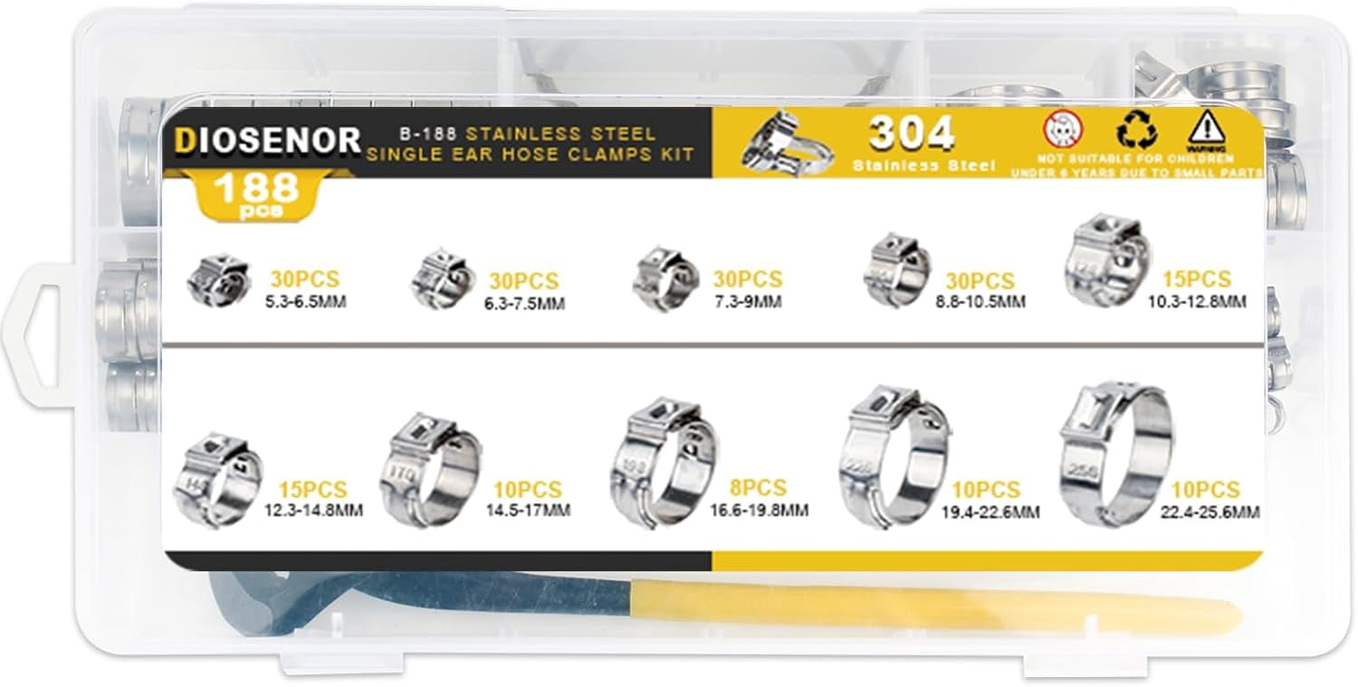 188PCS 10 Size Single Ear Hose Clamps with Pincer, 304 Stainless Steel ...