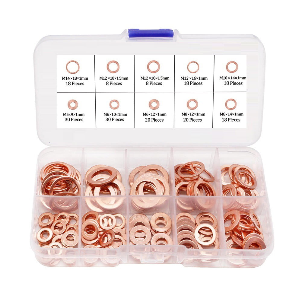 188pcs 9 Sizes Metric Copper Washers Assortment Kit Flat Ring Sealing ...