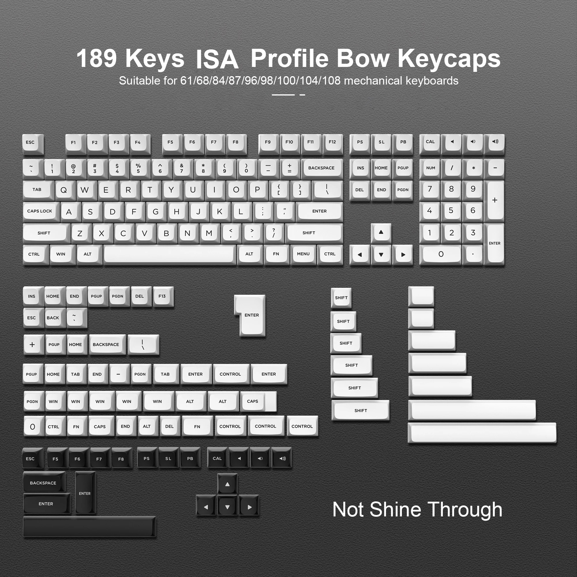 189 Key WOB Black White ISA Profile PBT Keycaps Custom Doubleshot Key ...