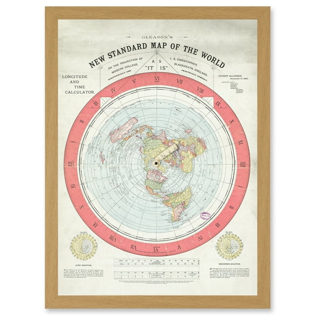 1892 World Time Calculator Flat Earth Map Gleason A4 Artwork Framed ...