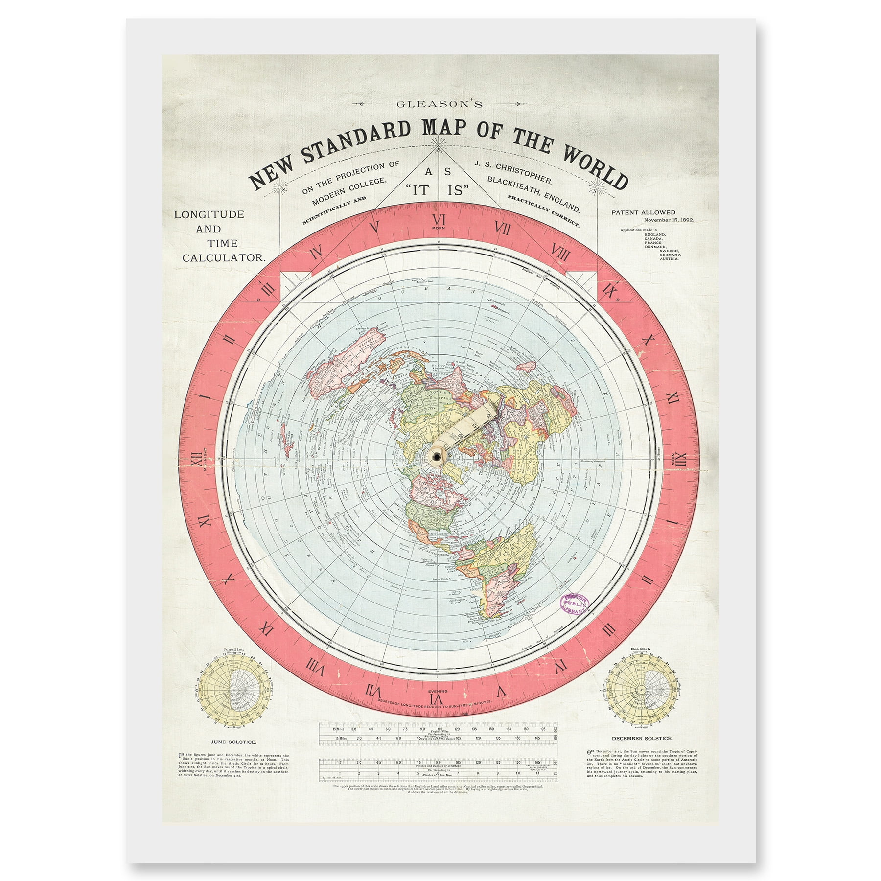 1892 World Time Calculator Flat Earth Map Gleason A4 Artwork Framed ...