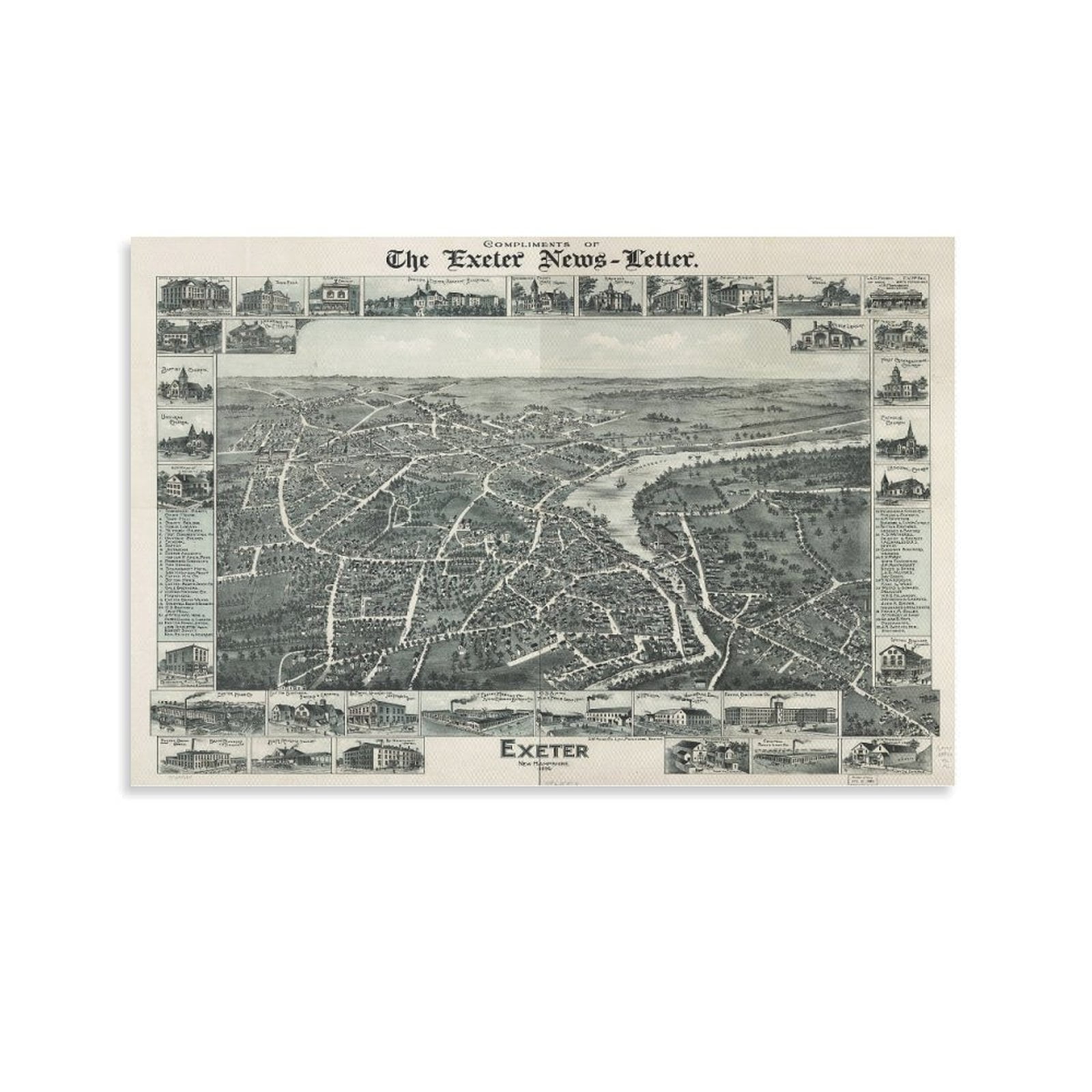 1896 Moore Bird's Eye View Map of Exeter, New Hampshire Picture Print ...