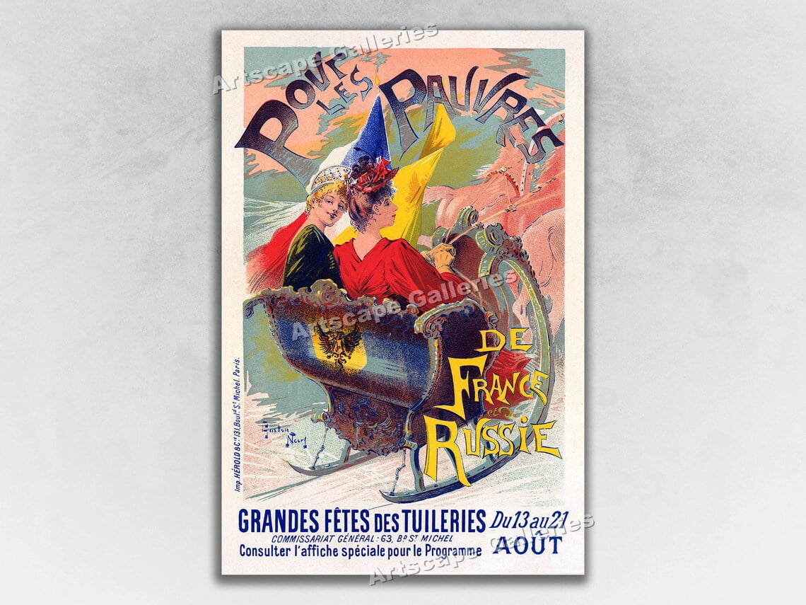 1896 Pour les Pauvres Winter Sleigh Ride French Art Nouveau Art ...