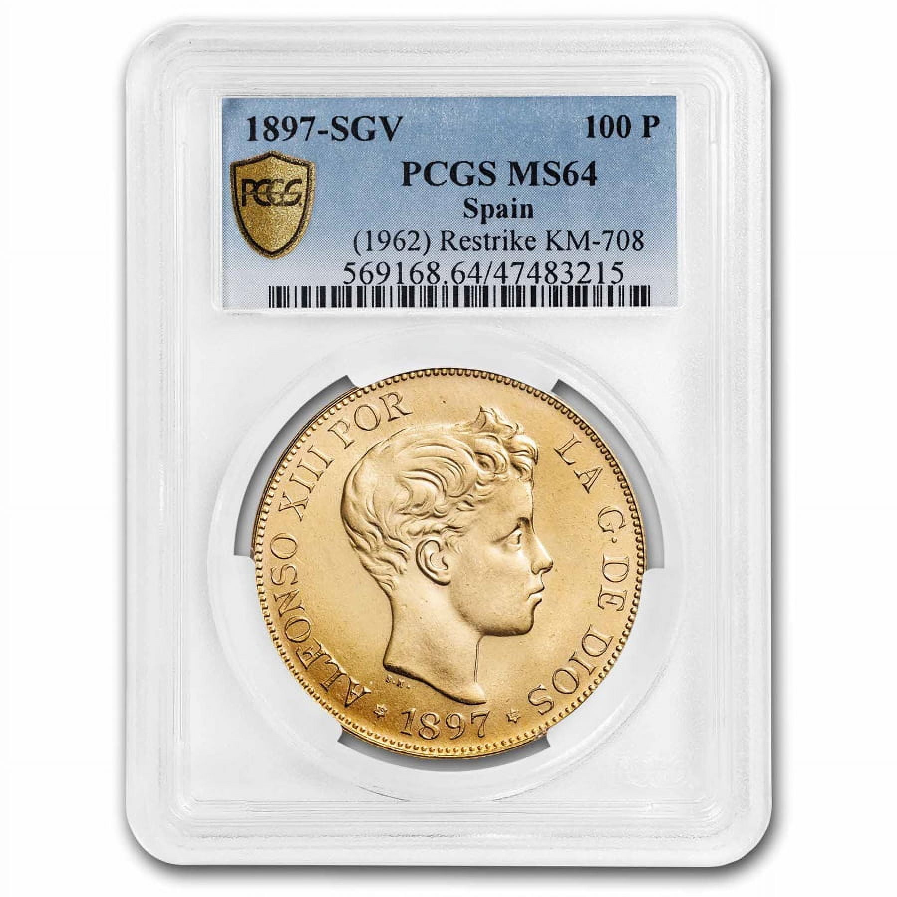 1897 (62) SG-V Spain Red Gold 100 Pesetas Alfonso XIII MS-64 PCGS ...