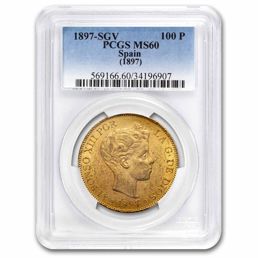 1897 Spain Gold 100 Pesetas Alfonso XIII MS-60 PCGS - Walmart.com