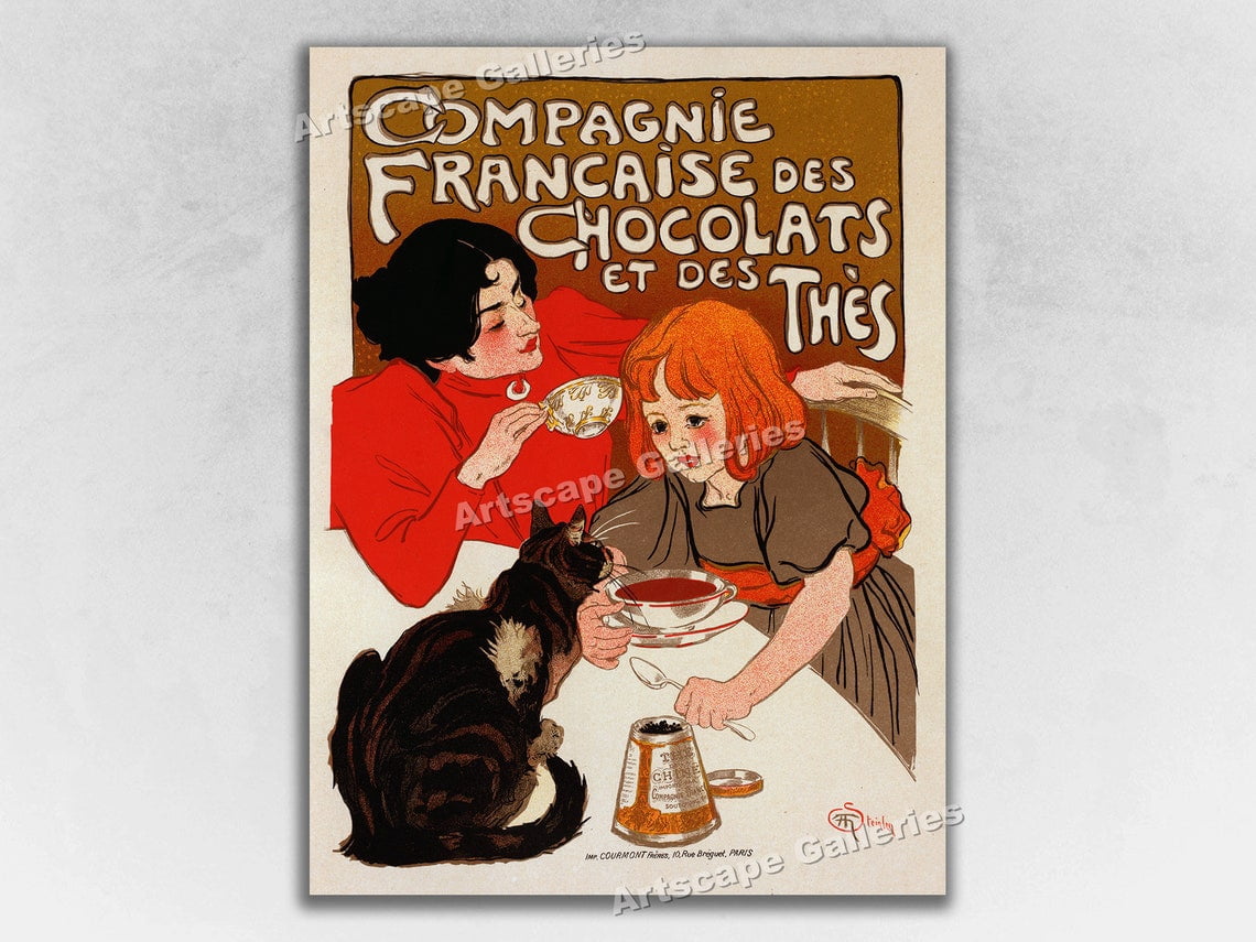 1899 Chocolate and Tea French Art Nouveau Cat, Stretched Canvas ...