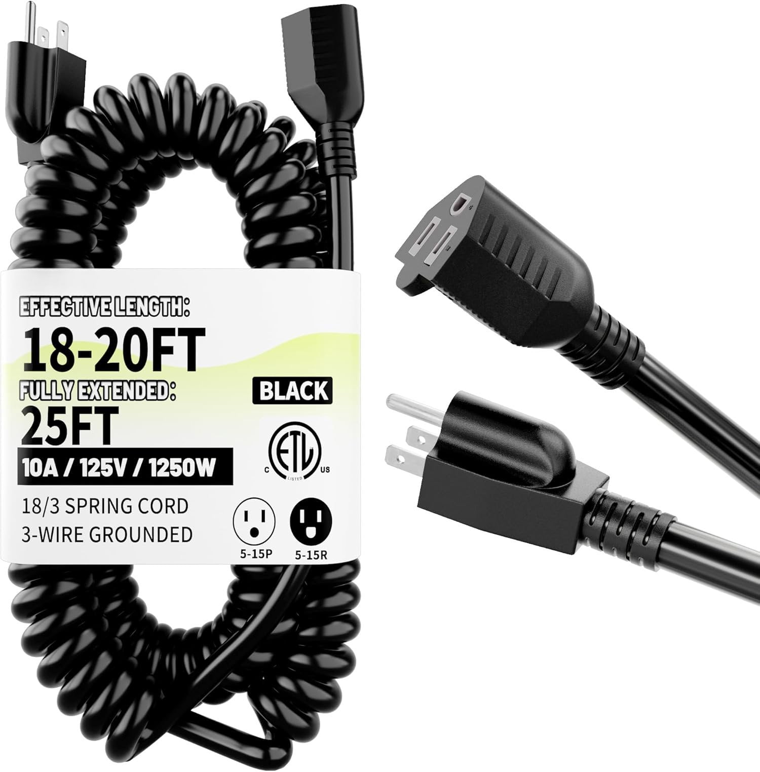 18AWG 25FT Retractable Extension Cord Black, Indoor Retardant Flame 3 ...