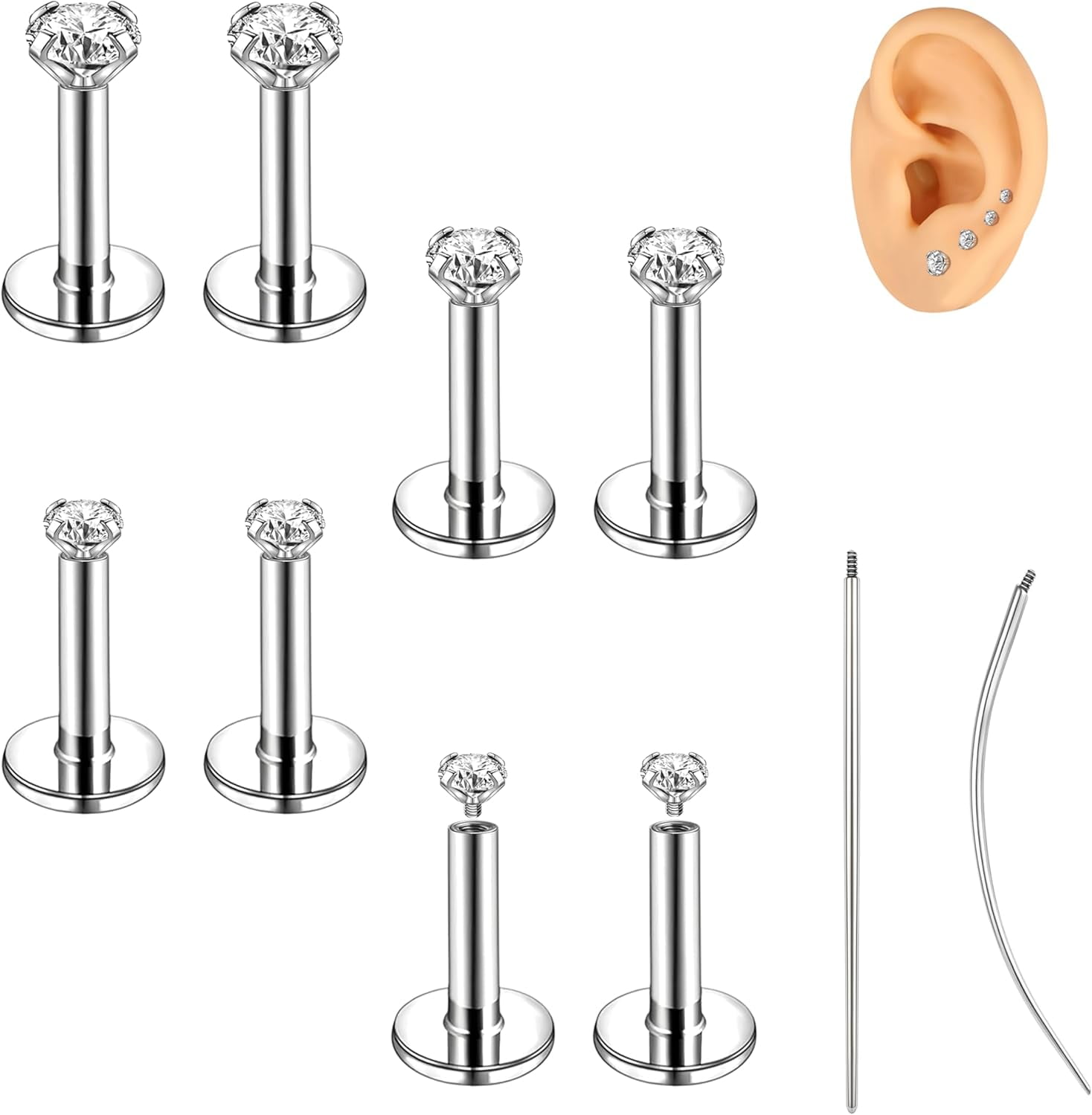 18G/16G Labret Fine Jewelry Surgical Steel Internal Thread CZ Stud Lip Nose Piercing Studs Flat ...