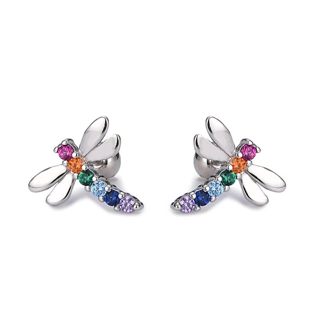 925 Sterling Silver Dragonfly Cartilage Stud Earrings, Rainbow Cubic Zirconia Tiny Studs for ...
