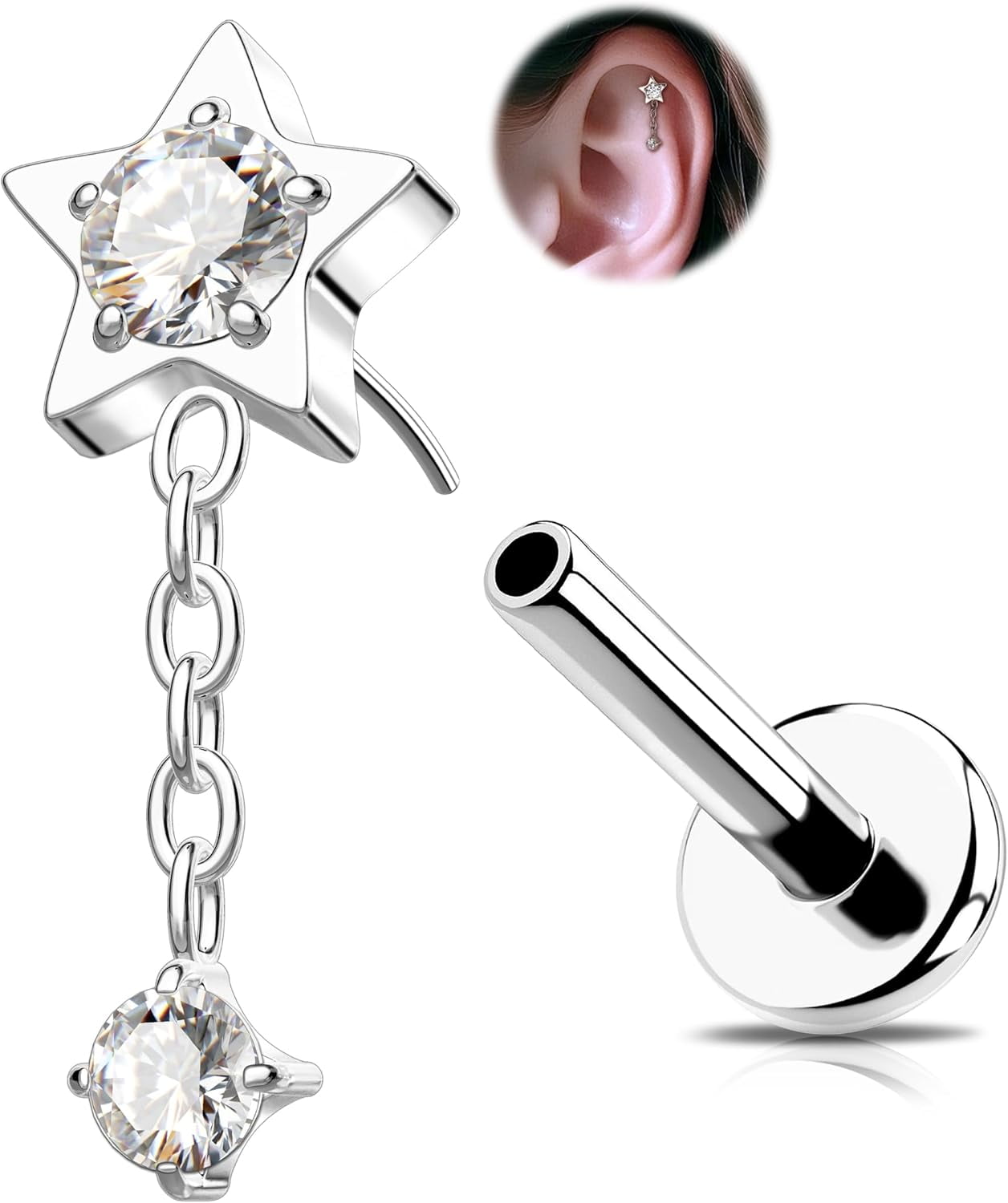 18G Gold Helix Piercing Jewelry, Star Shiny Clear CZ Dangle Forward ...
