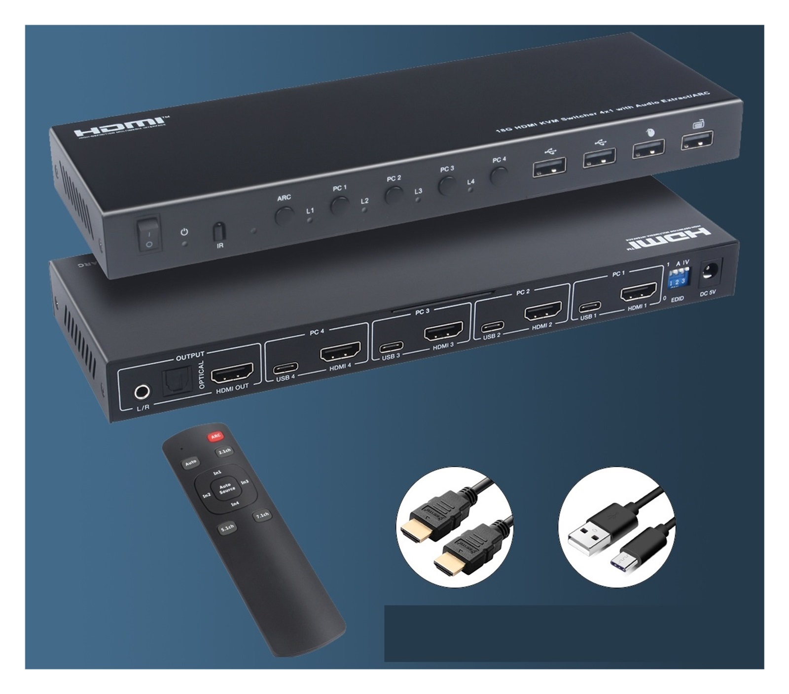 18G KVM Switcher 4 In 4 Out USB 2.0 Output Ports Support Smart EDID ...