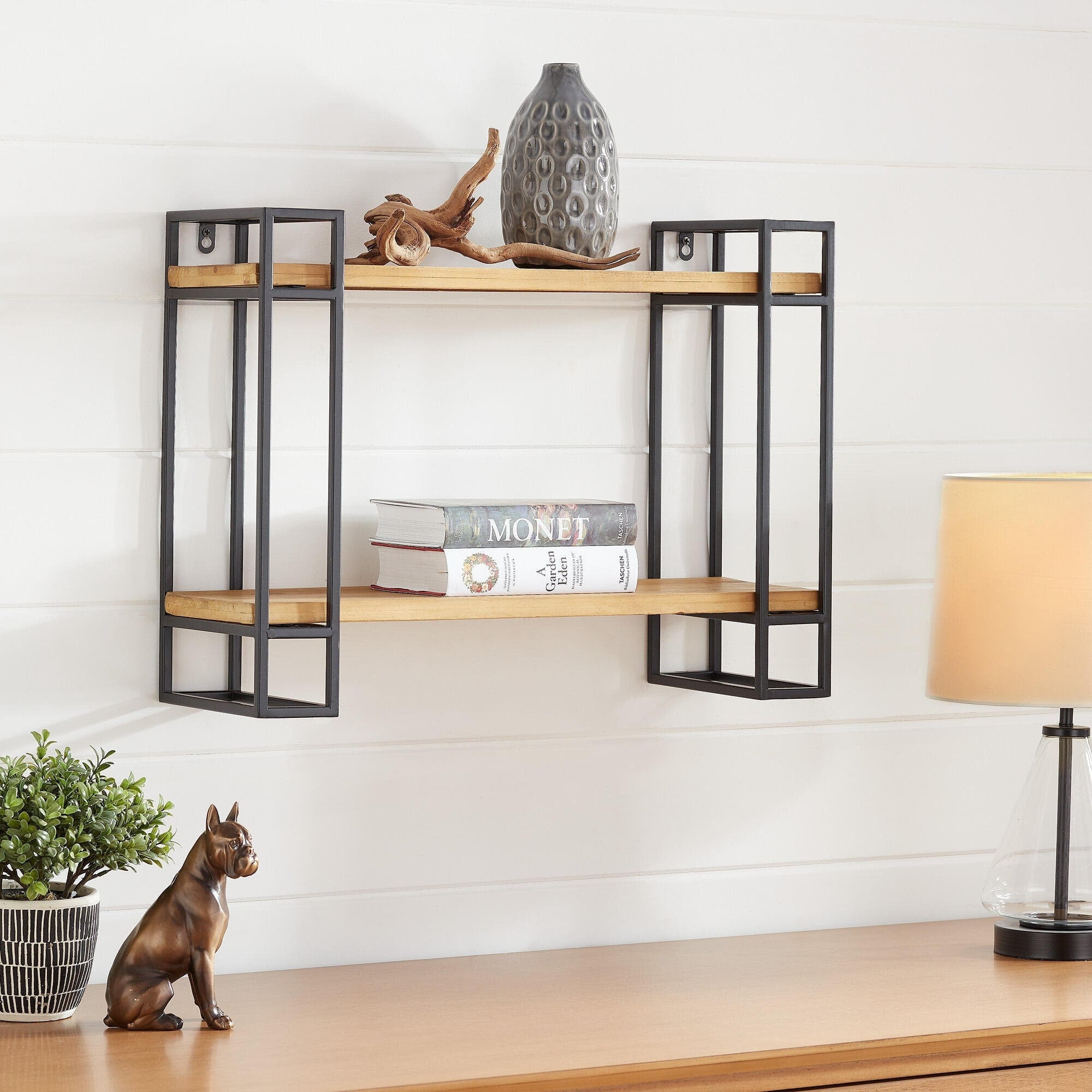 18H Wood and Black Metal Wall-Mount Display Shelf, Wall Shelves ...