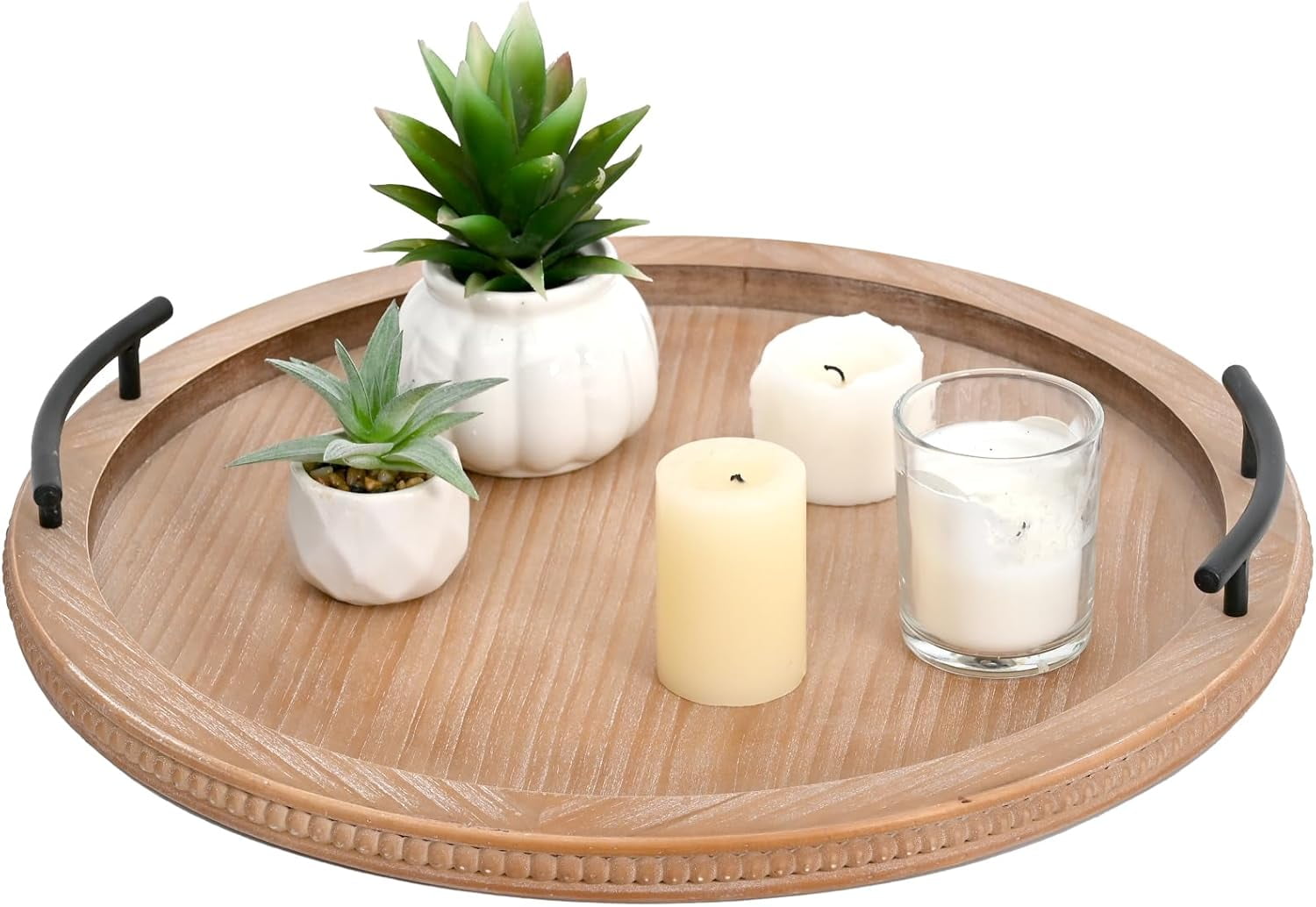 18Inch Brown Wooden Beaded Serving Tray with Handle Decorative Rustic ...