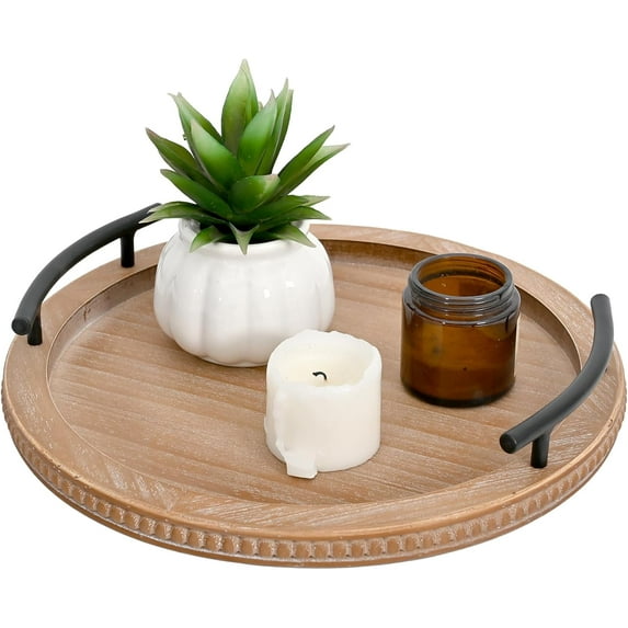 18Inch Brown Wooden Beaded Serving Tray with Handle Decorative Rustic ...