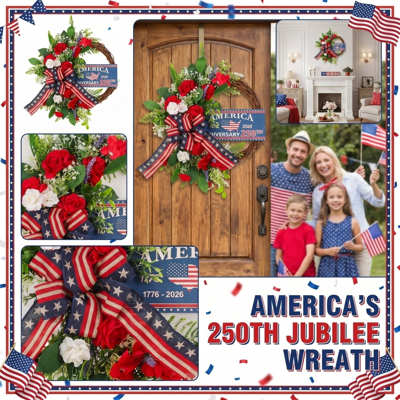 18Inch USA 250th Anniversary Patriotic Wreath, 1776-2026 Independence ...