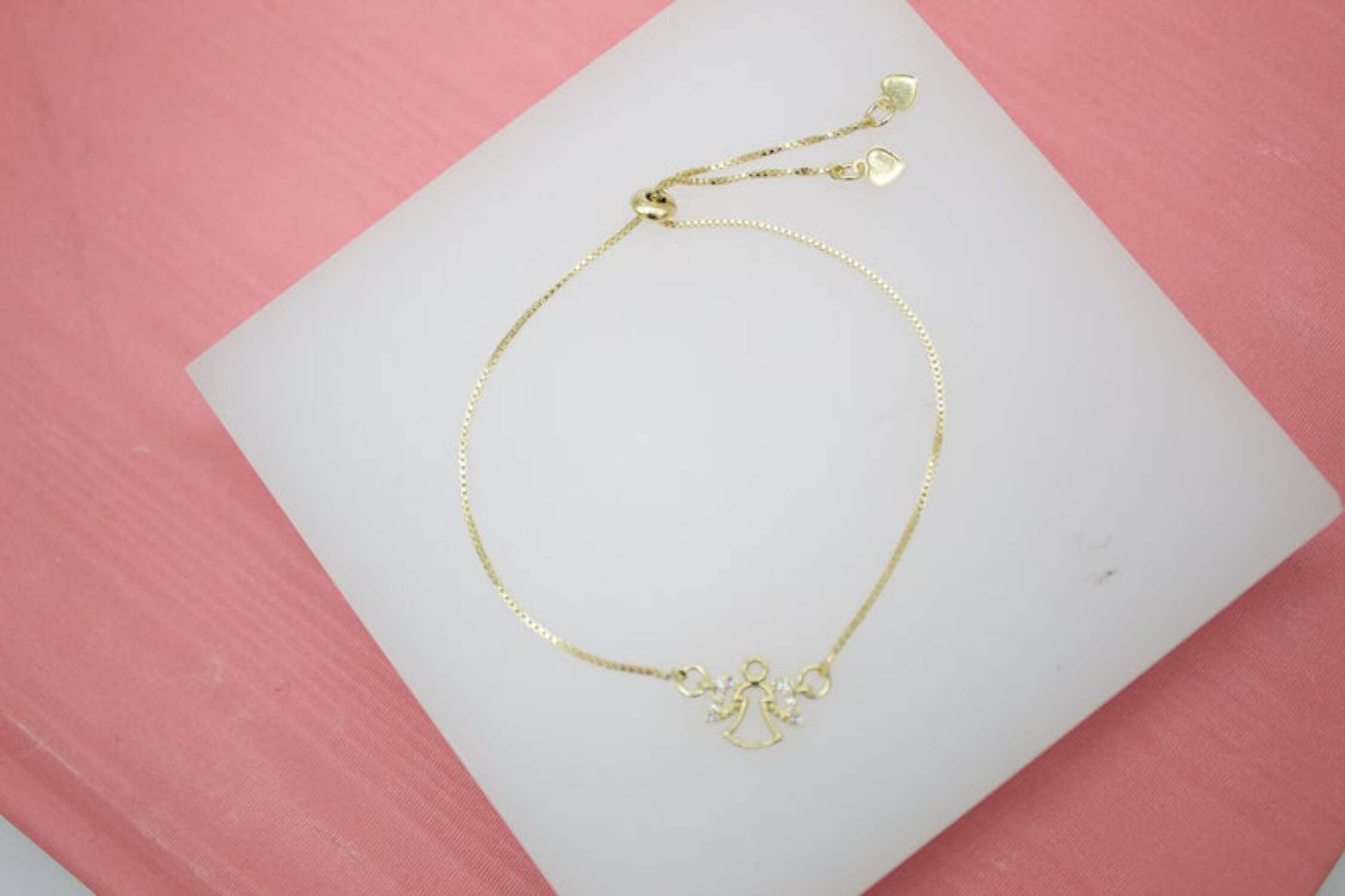18K Gold Filled Angel Adjustable Box Chain Bracelet With Micro CZ ...