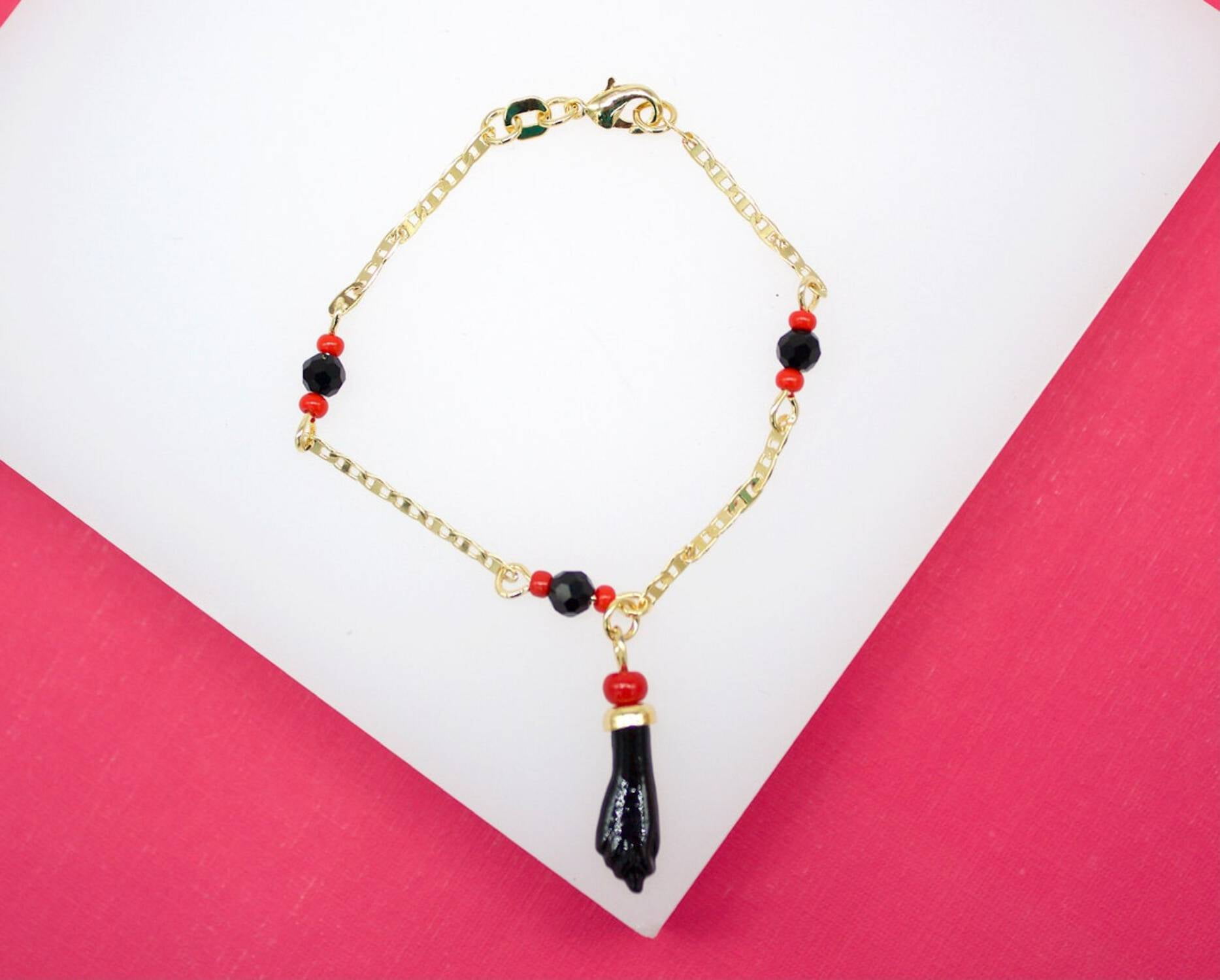 18K Gold Filled Azabache Figa Hand 2mm Mariner Chain Bracelet With ...