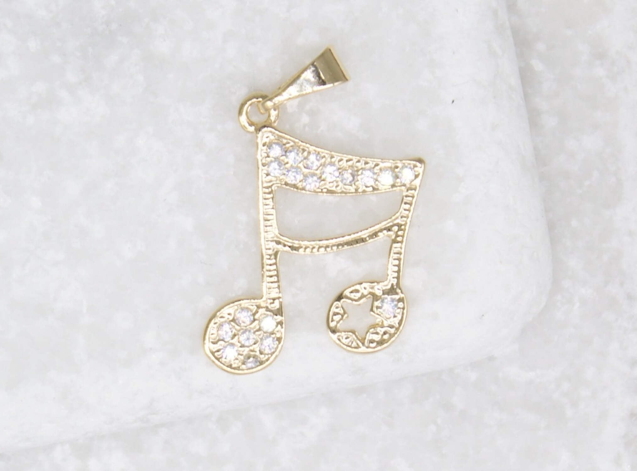 18K Gold Filled CZ Stone Double Bar Note Pendant, Music Note, Music ...