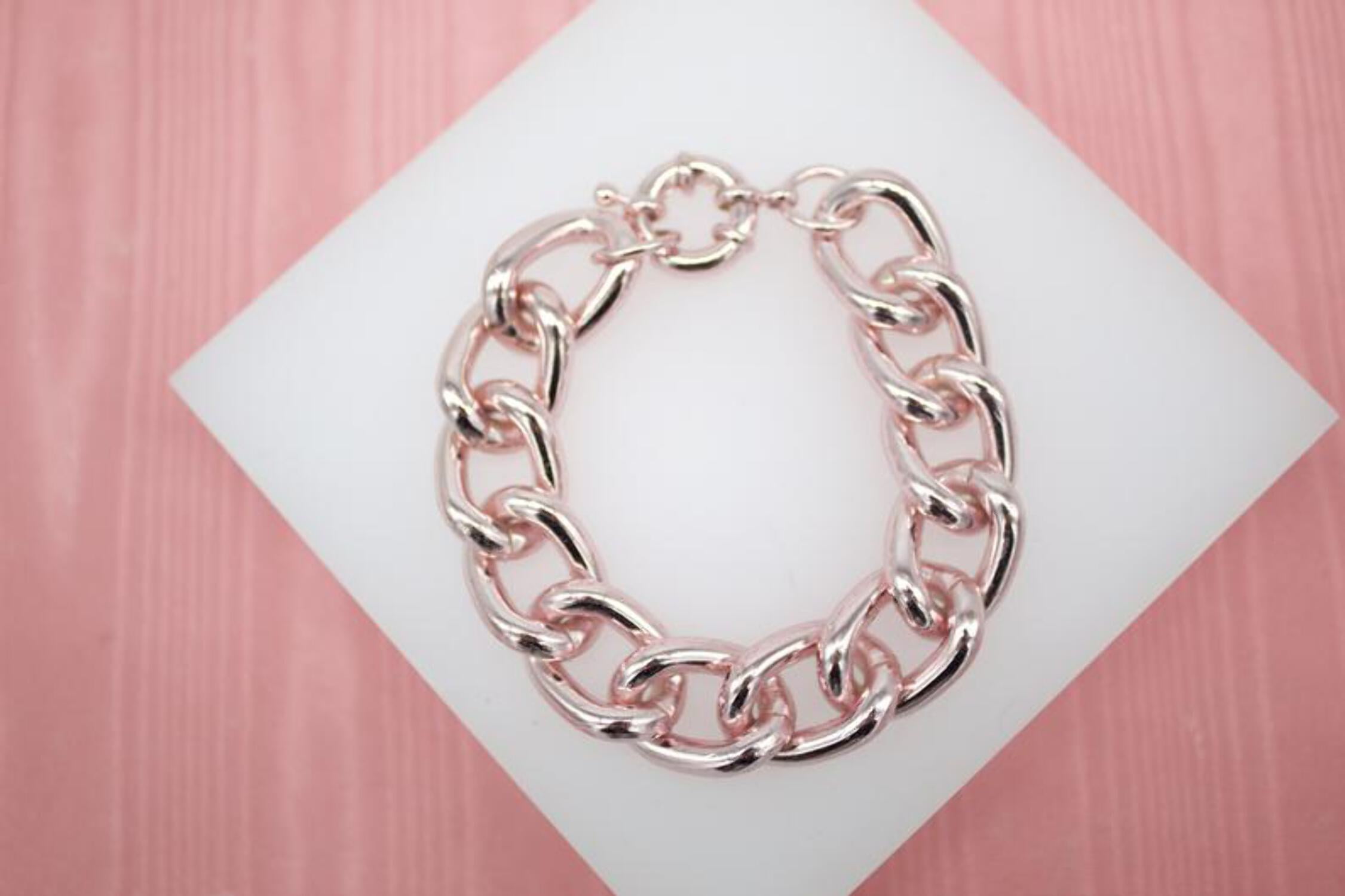 18K Gold Filled Pink Chunky Thick Curb Cuban Link Chain Bracelet ...