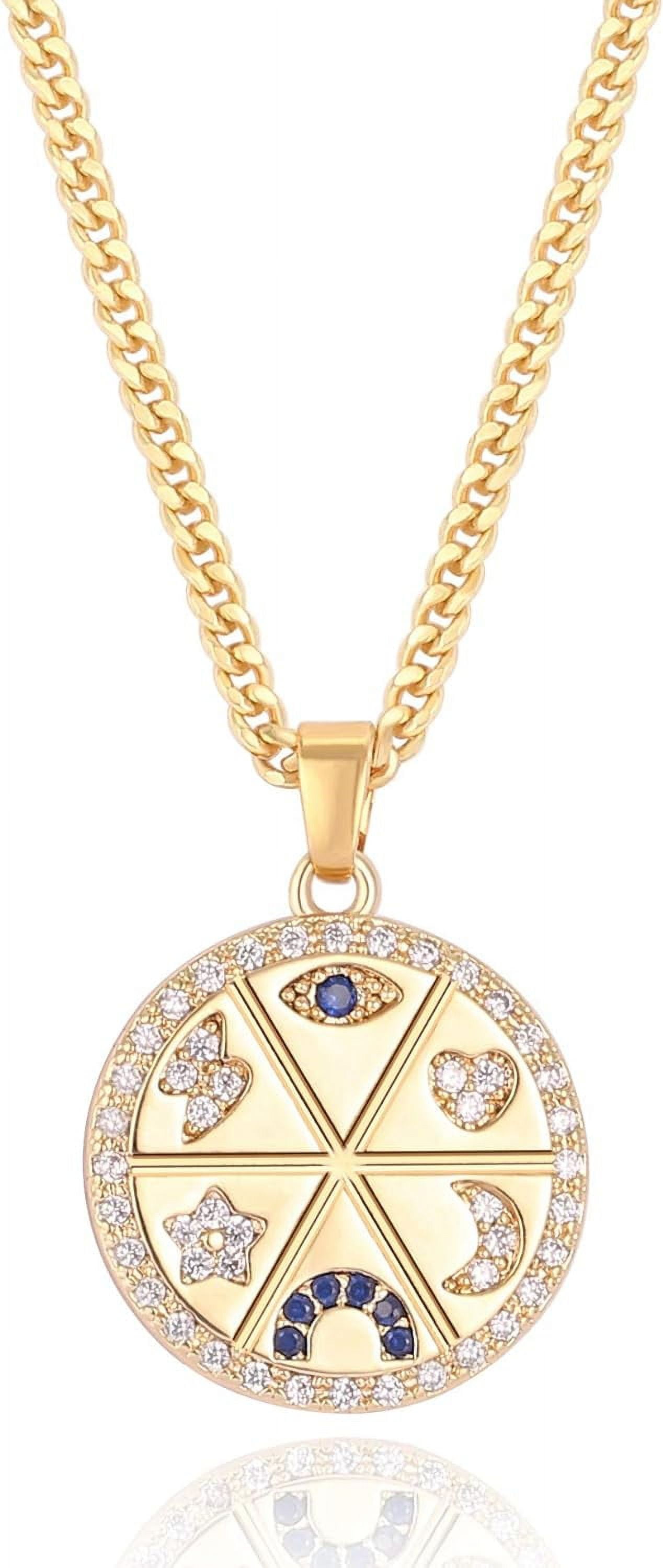 18K Gold Moon Star Lion Evil Eye Pendant Necklace Medallion Paperclip ...