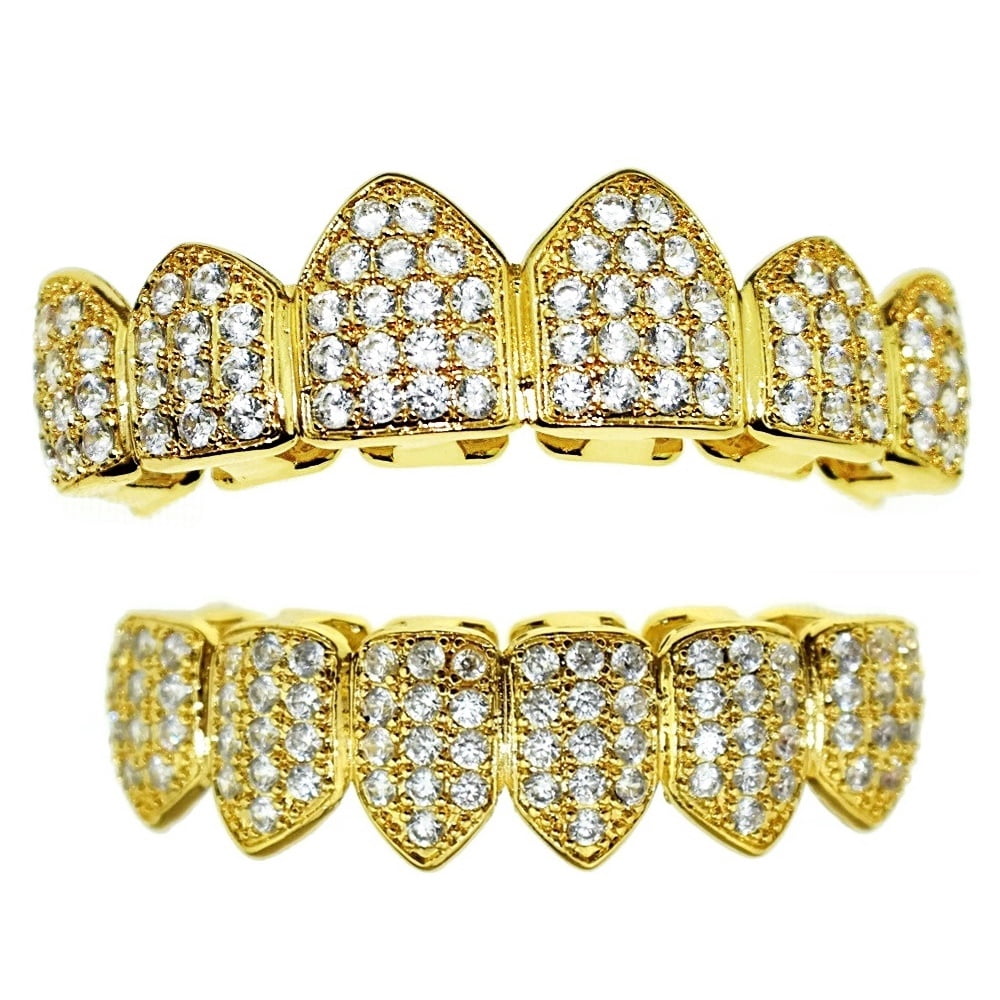 18K Gold Plated Bling Grillz Set CZ Upper Top And Bottom Lower Teeth ...
