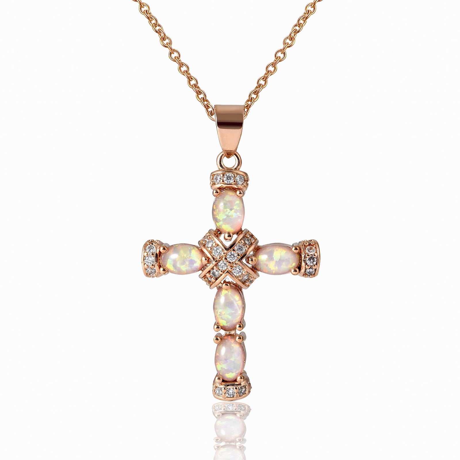 18K Gold Plated Created Opal Cross with Chain, 18 Inches with 2 Inches ...