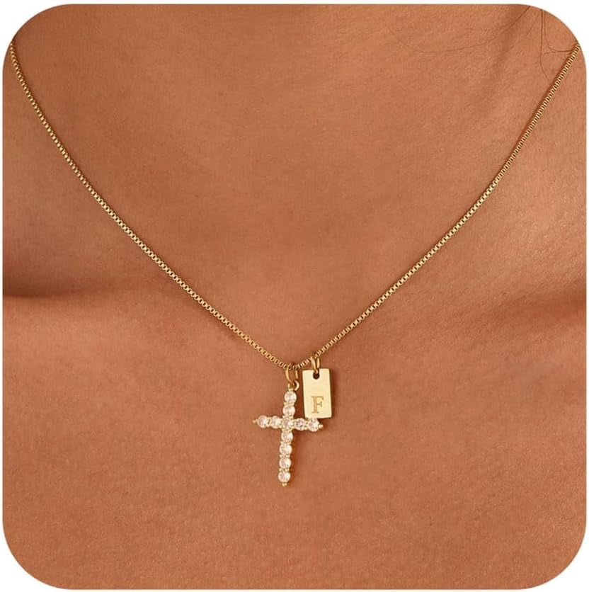 18K Gold Plated Cross Initial Necklace for Women Non Tarnish Dainty ...