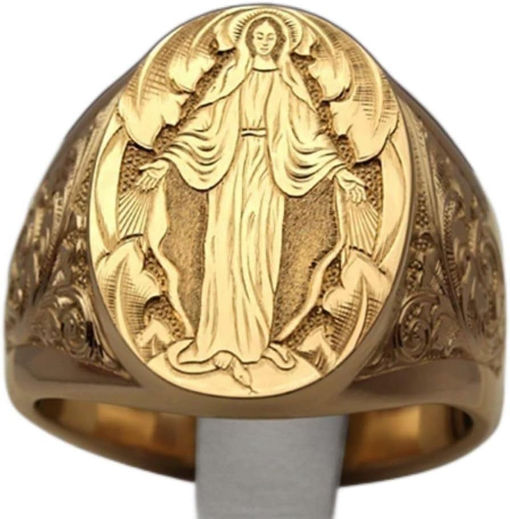 18K Gold Plated Engraved Signet Ring with Virgin Mary Bible Verse ...