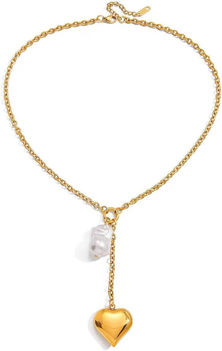 18K Gold Plated Heart Pearl Pendant Necklace,fashion tassels Heart ...