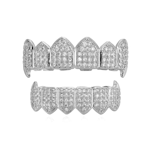 18K Gold Plated Iced Out CZ Grillz Fang Top Bottom Mouth Teeth Grills ...
