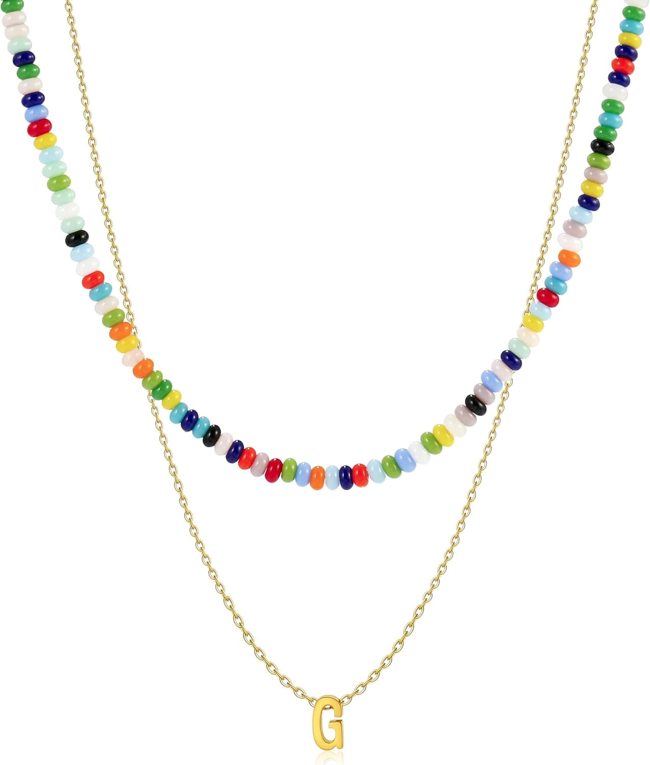 18K Gold Plated Layered Initial A-Z Necklace for Women Rainbow Gemstone ...