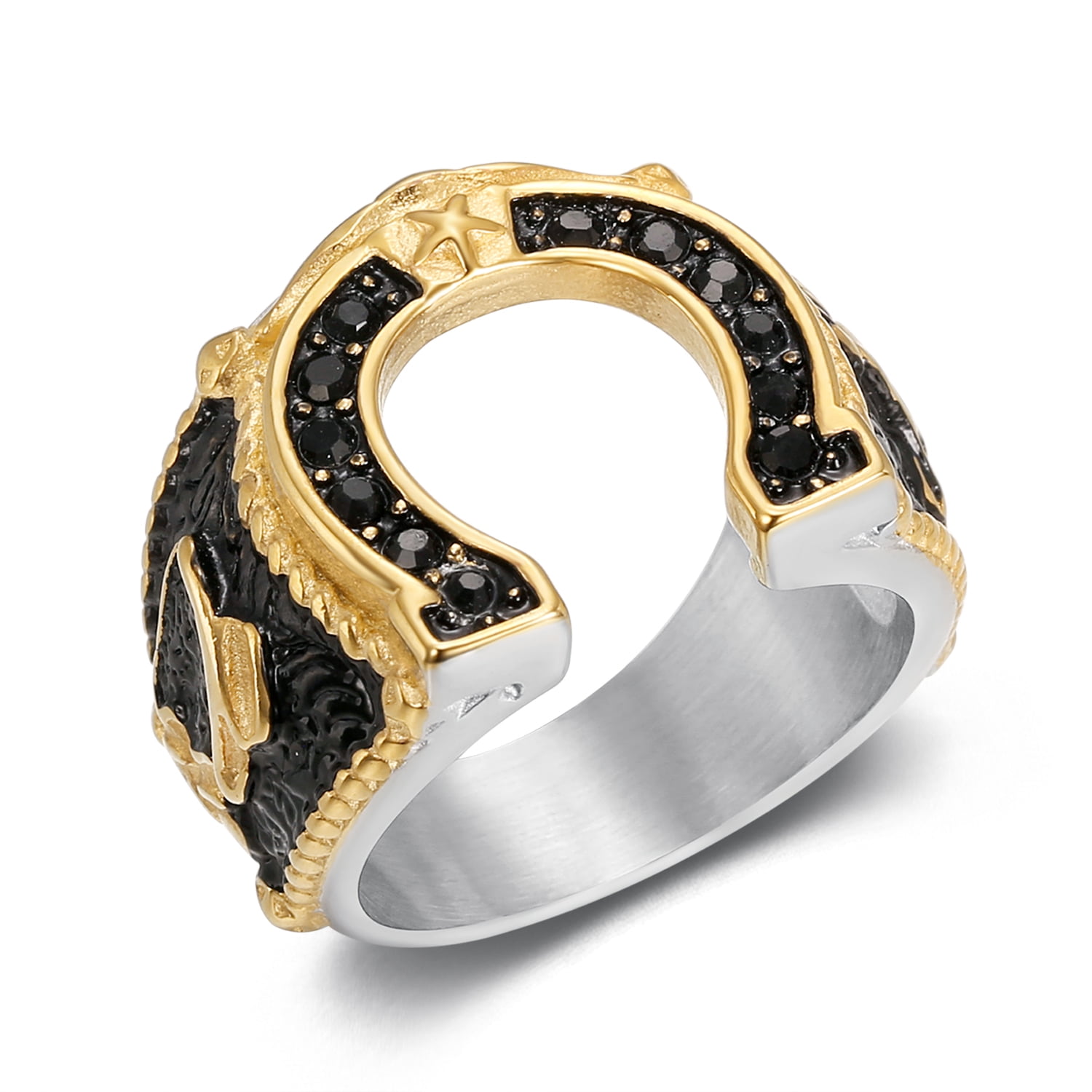 18K Gold Plated Lucky Horseshoe Punk Rock Stainless Steel Ring for Men ...