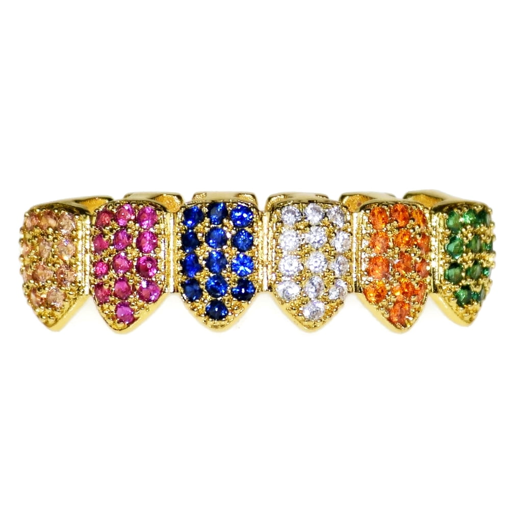 18K Gold Plated Multi-Color Grillz Bottom Row CZ Bling Rainbow Colors ...