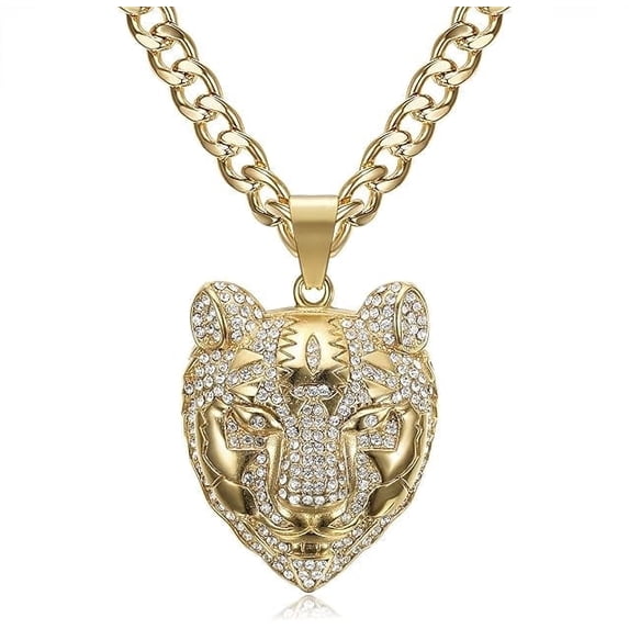 18K Gold Plated Roaring Tiger Head Pendant Punk Rock Stainless Steel ...