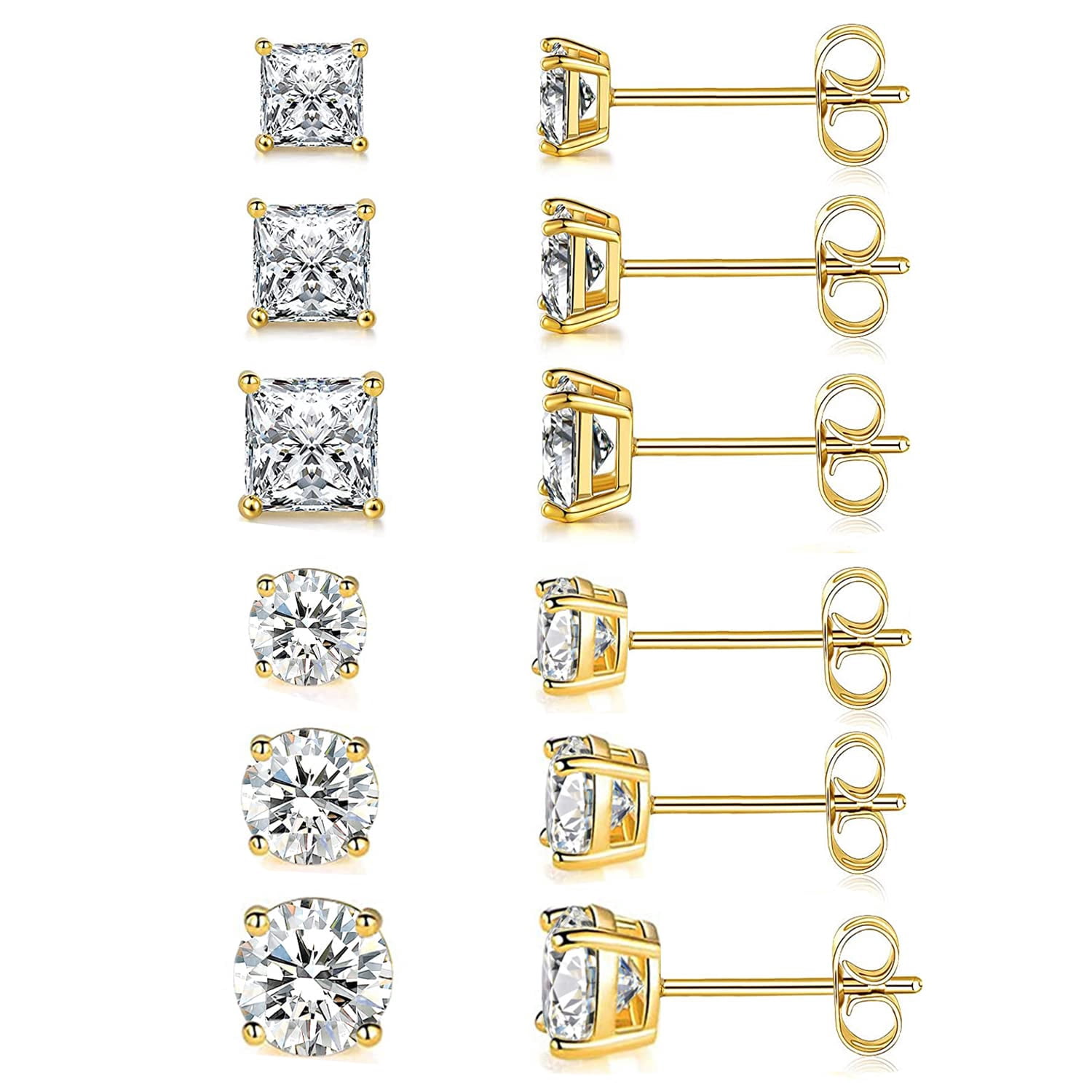 18K Gold Plated Round Princess Cut Clear Cubic Zirconia Stud Earring of ...