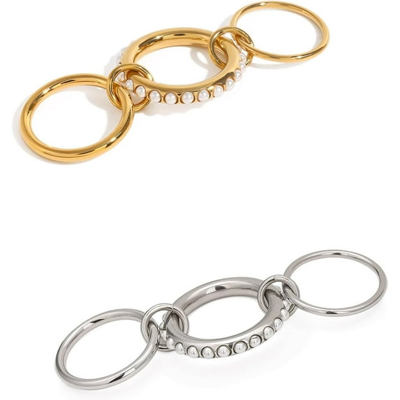 18K Gold Plated Stackable Pearl Triple Joint Ring For Women, Non ...