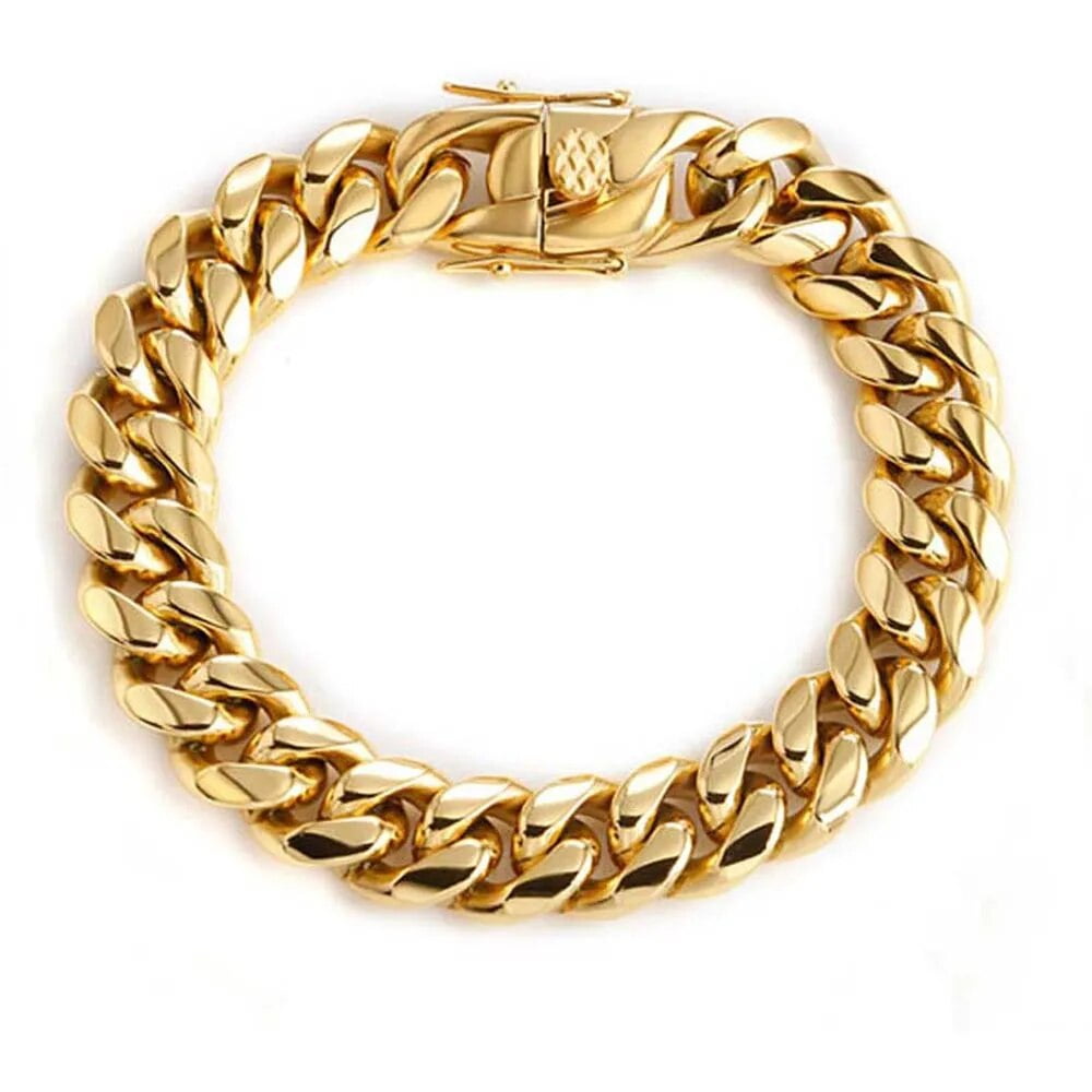 18K Gold Plated Stainless Steel Miami Curb Cuban Chain Link Bracelet ...