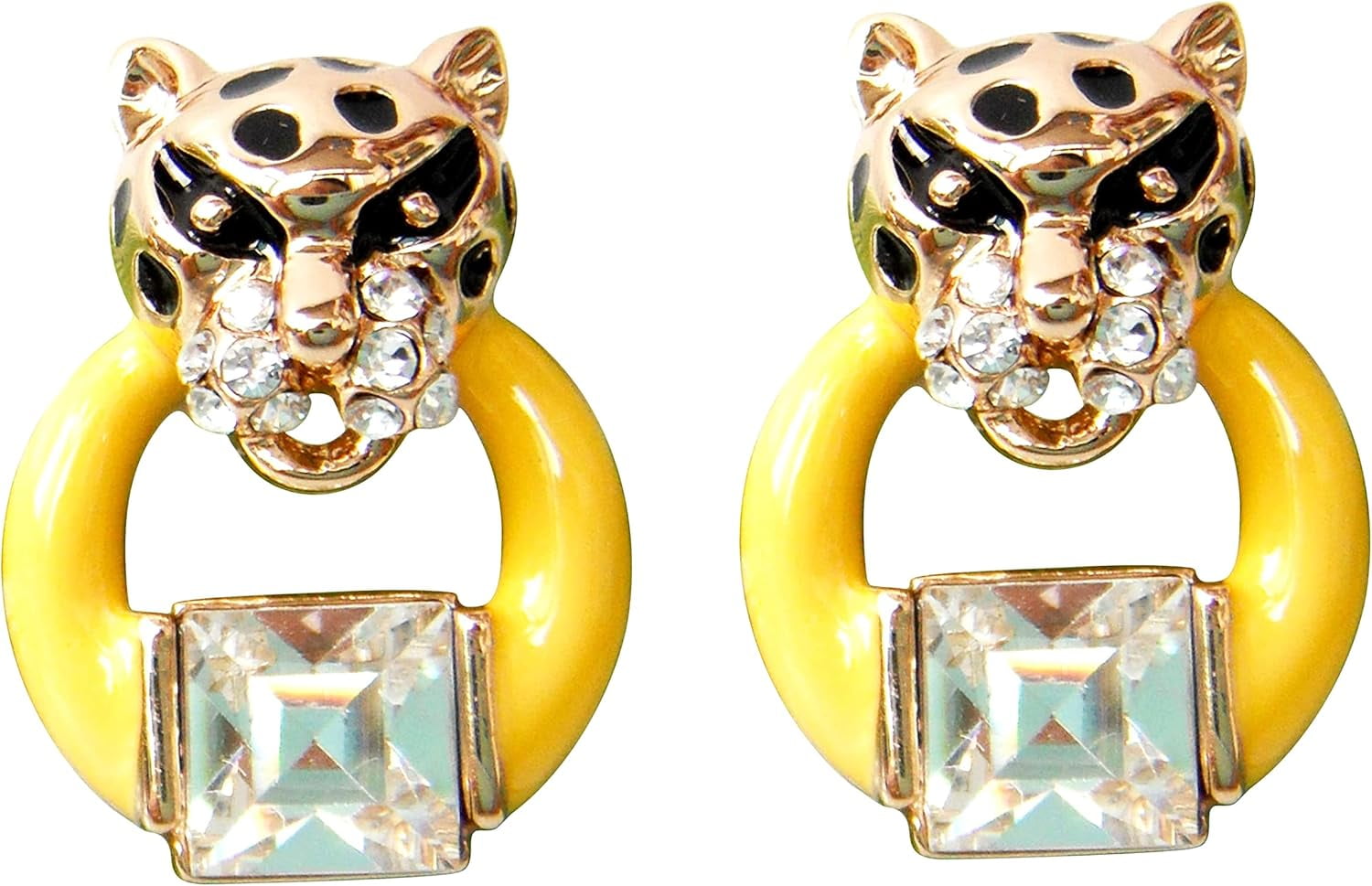 18K Gold Plated White Crystal Zircon Leopard Tiger Head Black Enamel ...